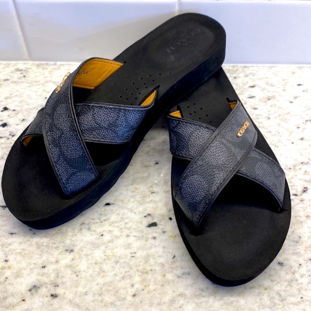 Coach *Janine* Cross Cross Black Grey Signature Slide… - Gem